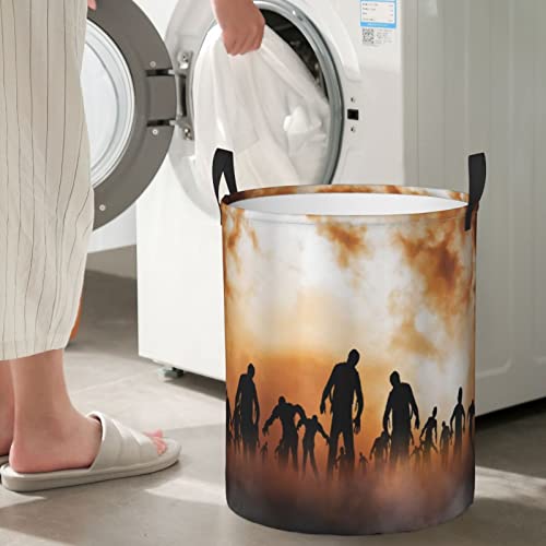 Laundry Basket,Zombies Dead Men Walking Body In The Doom Mist At Night Sky Haunted Theme,Large Canvas Fabric Lightweight Storage Basket/Toy Organizer/Dirty Clothes Collapsible Waterproof For College Dorms-Large
