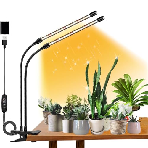 FRGROW Grow Lights for Indoor Plants Full Spectrum, Plant Grow Lights, 3000k/5000k/660nm Plant Growing Lamps, Clip on Plant Lamp with White Red LEDs, Timer Setting, 10-Level Dimmable(2-Head)