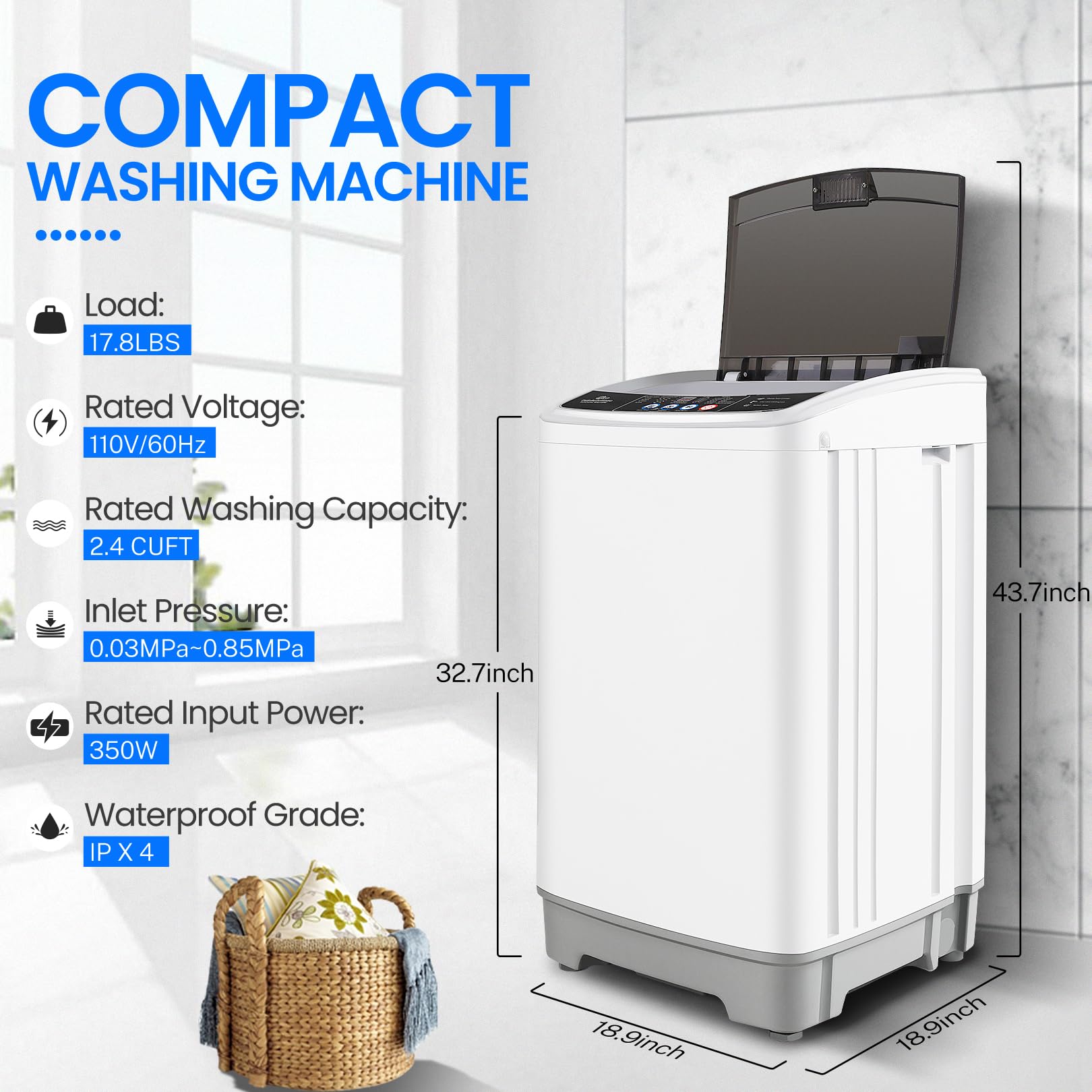 Nictemaw Portable Washing Machine 17.8Lbs Full Automatic Portable Washer, 2.4 Cu.ft Compact Laundry Washer with 10 Programs & 8 Water Levels, Built-in Drain Pump, Energy Saving for Apartment Dorm RV