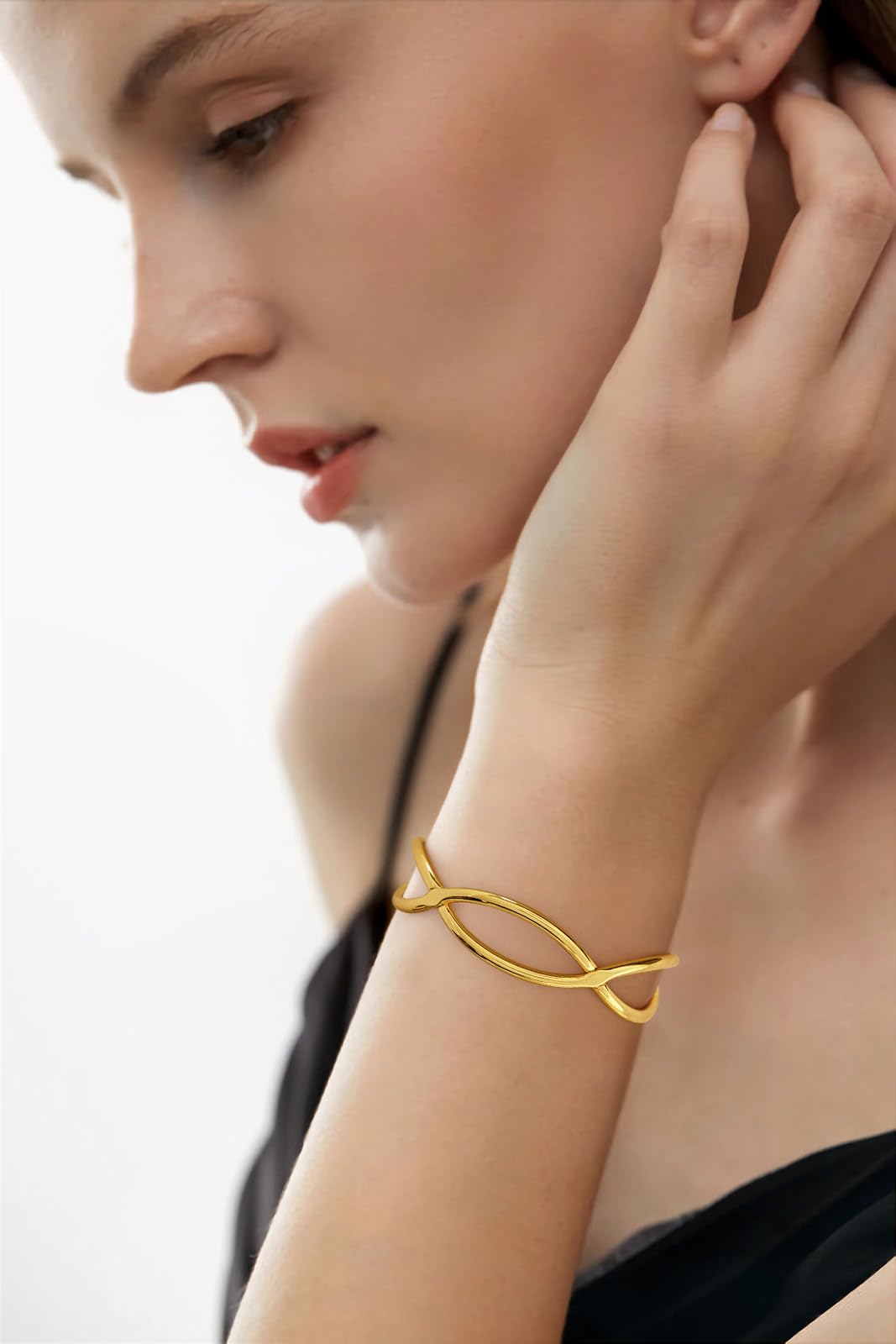 ENSKEFEN Two-Tone Cuff Bracelet for Women Dainty Teardrop Open Bangle Gold Plated Adjustable Cuff Bracelet