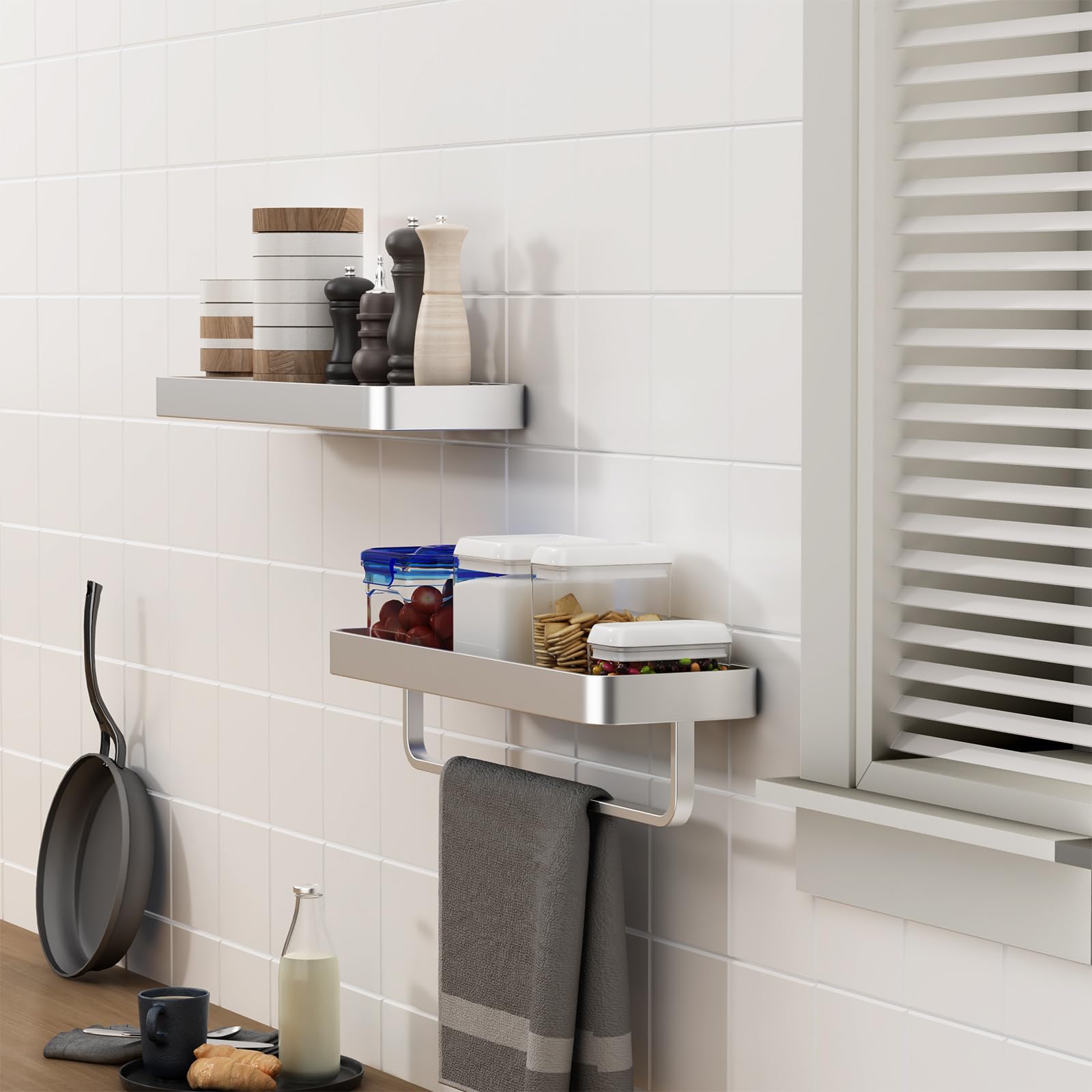 dancrul Bathroom Shelf Glass Bathroom Shelves Wall Mounted Rectangular Floating Shelves for Wall Decor Bathroom Organizer Matte Silver Set