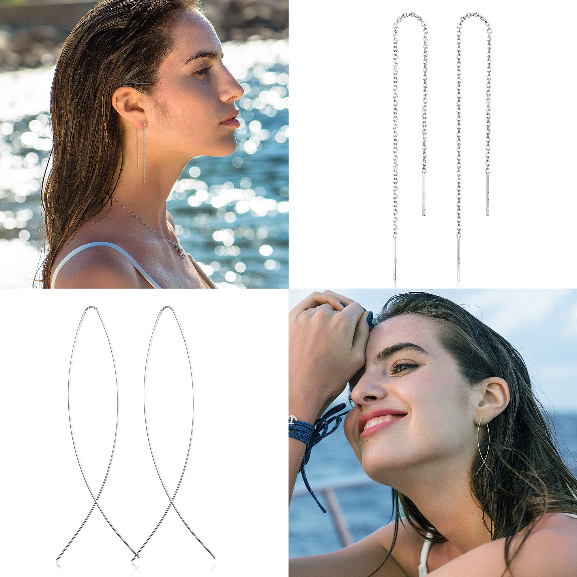Drperfect 12Pairs Stainless Steel Threader Earrings for Women Chain Tassel Earrings Double Twist Wave Dangle Drop Chain Earrings Set