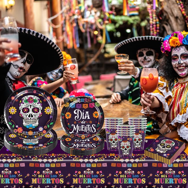 Day of the Dead Party Tableware Set,Sugar Skull Dia De Los Muertos Tableware Include Plates,Napkins,Cups and Tablecloth for Mexican Party Fiesta Decoration Supplies(Serve 16)