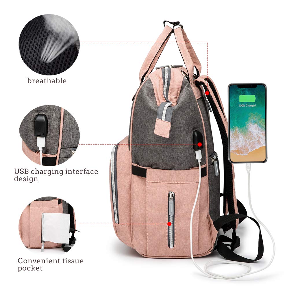 Diaper Bag Backpack for Baby with Insulated Pockets Stroller Straps Changing Pad and USB Charging Port, Large Capacity, Waterproof, Pink&Gray