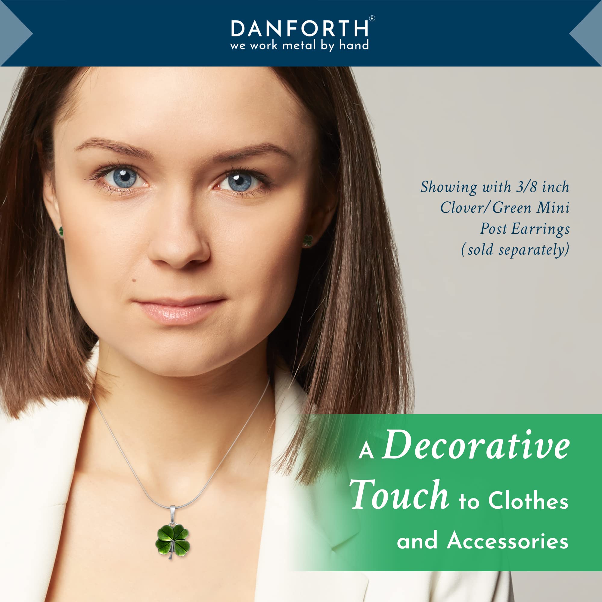 DANFORTH Four Leaf Clover/Shamrock Green Necklace, Handcast Pewter Pendant, 18 Inch Sterling Chain, Made In USA