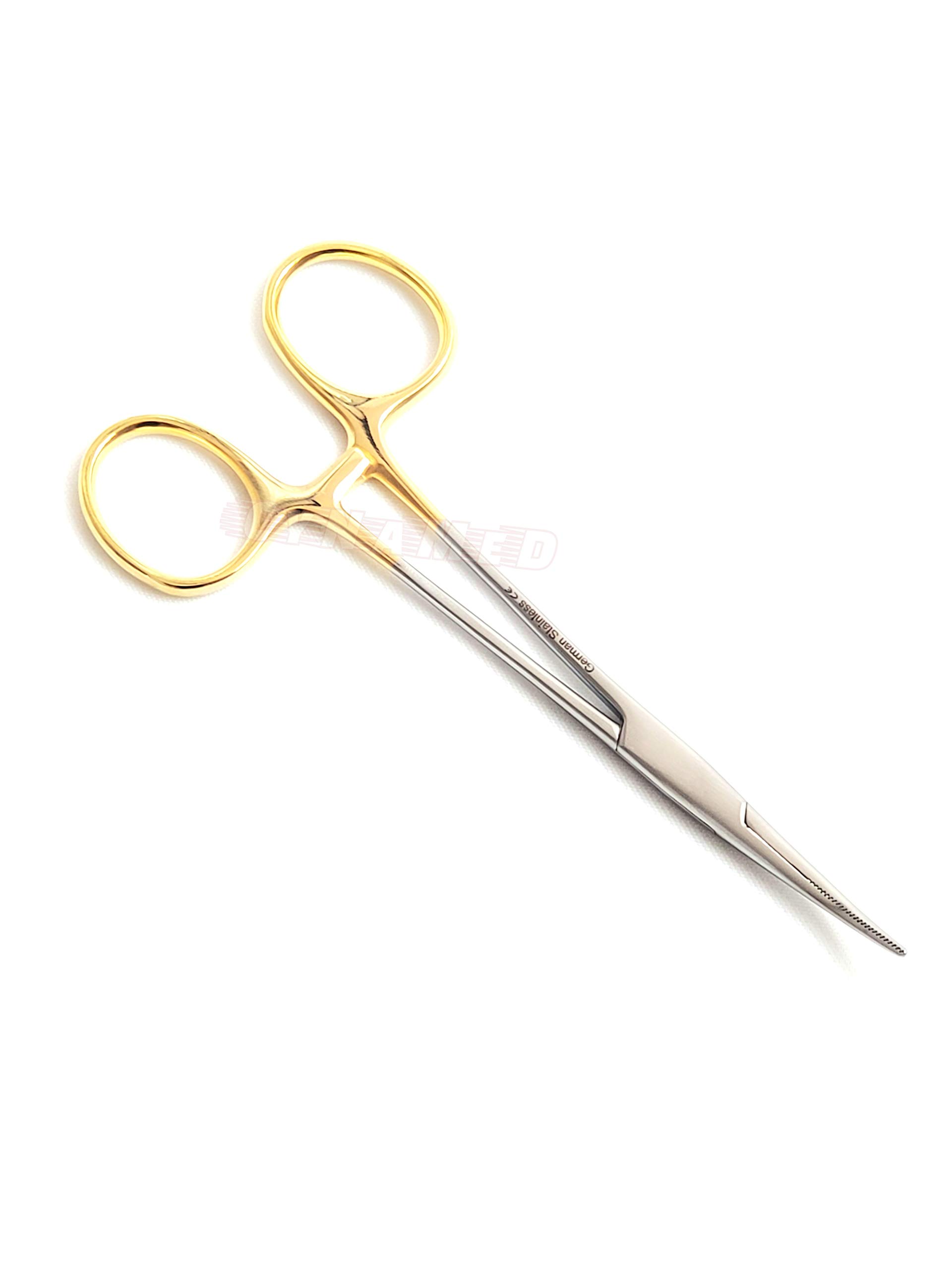 Premium German Stainless- Set of 2 PCS Gold Handle Mosquito Locking HEMOSTAT Forceps Straight + Curved 5"-Cynamed