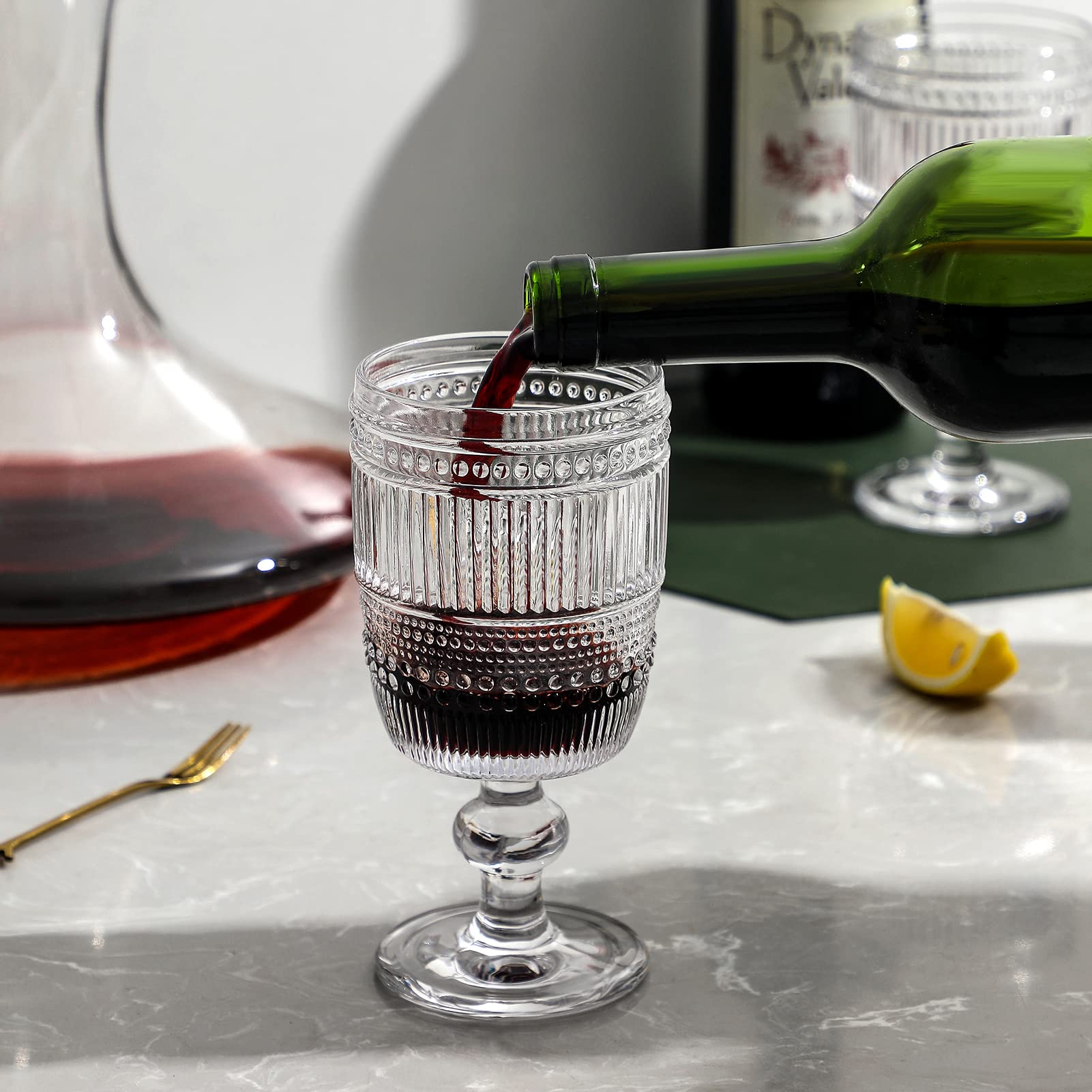 G Pearl and Ribbed Vintage Goblets, Iced Tea Goblets 10.5 oz. set of 6 Water Goblets Beverage Glass Set for Wine Soda Juice Drinking Glass with Stem, Perfect for Dinner Parties Bars Restaurants