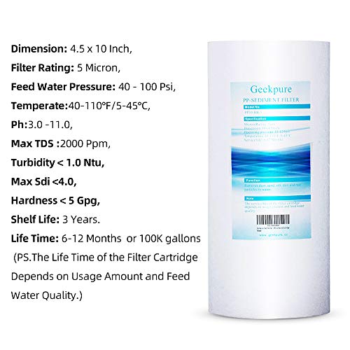 Geekpure 10 Inch Whole House Water Filters Set w/PP and Carbon Block -4.5"x 10"-5 Micron