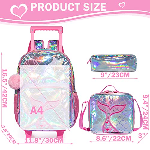 Meetbelify Rolling Backpack for Girls School Backpack with Wheels Kids Roller Luggage for Elementary Kindergarten Students with Lunch Box Pencil Case for Girls 5-12 Years Old