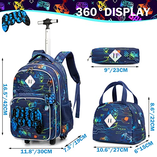 Meetbelify Rolling Backpack for Boys with Wheels Kids Travel Suitcase Laptop Luggage with Lunch Box Set for Boys Age 6-8
