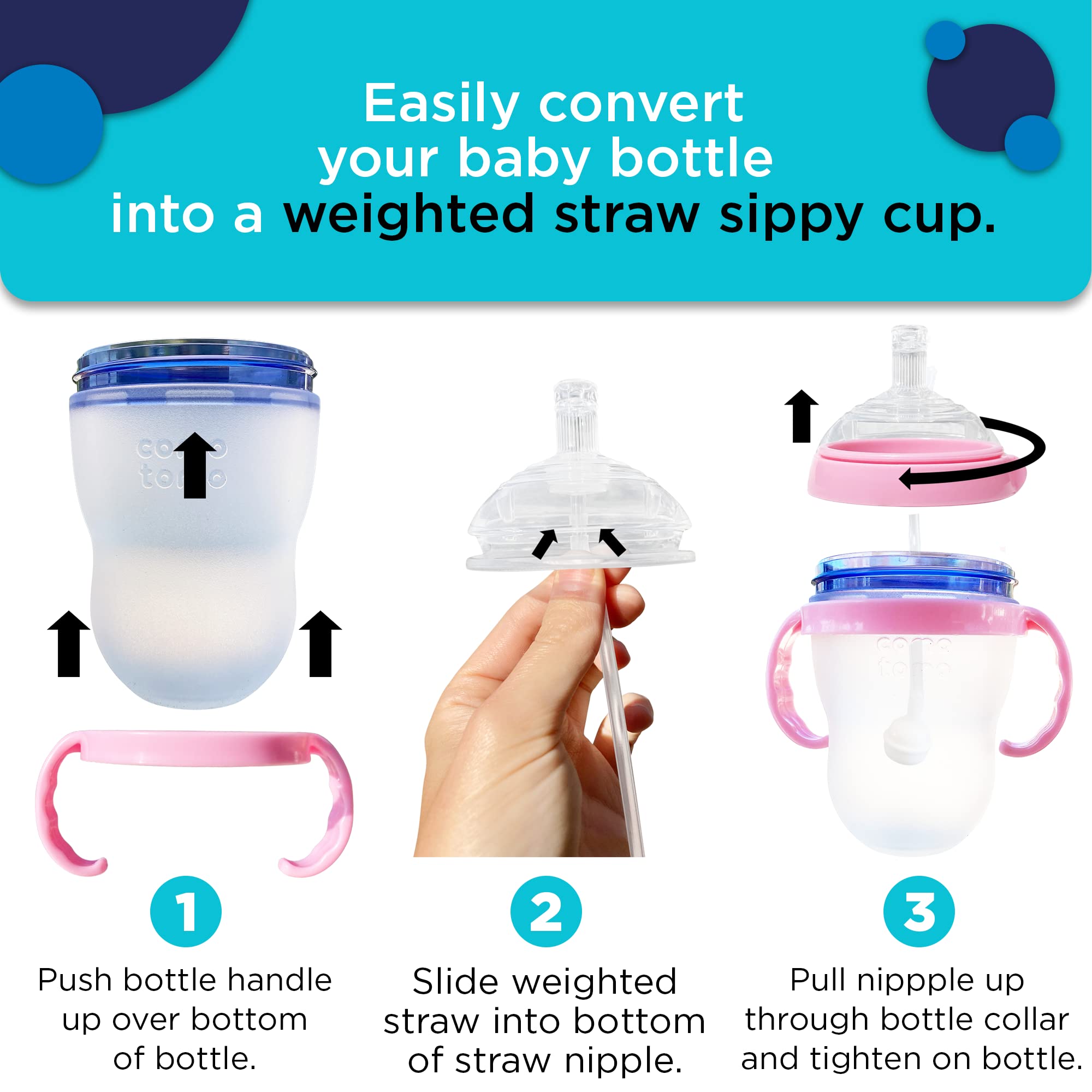 Straw Transition Cup Kit for Comotomo Baby Bottles | Conversion Kit Fits 5 Ounce and 8 Ounce Bottles | Soft, Silicone Straw Top Bottle Nipple & Weighted Straw to Help Baby Transition | 2 Pack (Pink)