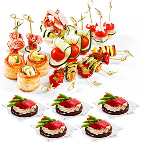 TOFLEN 100ct 1 oz Mini Dessert Plates with Tasting Spoons - Reusable Clear Plastic Square Party Serving Trays Mini Plates for Appetizers, Chocolates, Ice Cream, Fruit and More