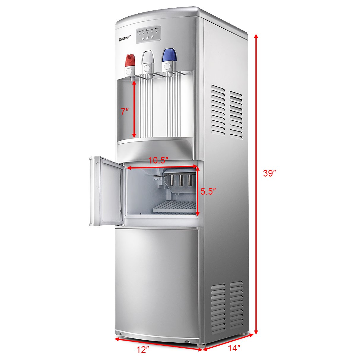 COSTWAY 2-in-1 Water Cooler Dispenser with Built-in Ice Maker, Freestanding Hot Cold Top Loading Water Dispenser, 27Lbs/24H Ice Maker Machine with Child Safety Lock, Silver
