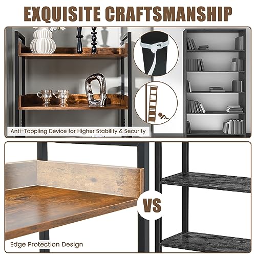 Tangkula 6-Tier Bookshelf, 70β Tall Industrial Bookcase w/Open Shelves & 4 Hooks, Storage Rack w/Metal Frame, Vintage Standing Display Rack for Study Living Room Kitchen (Rustic Brown, 6-Tier)