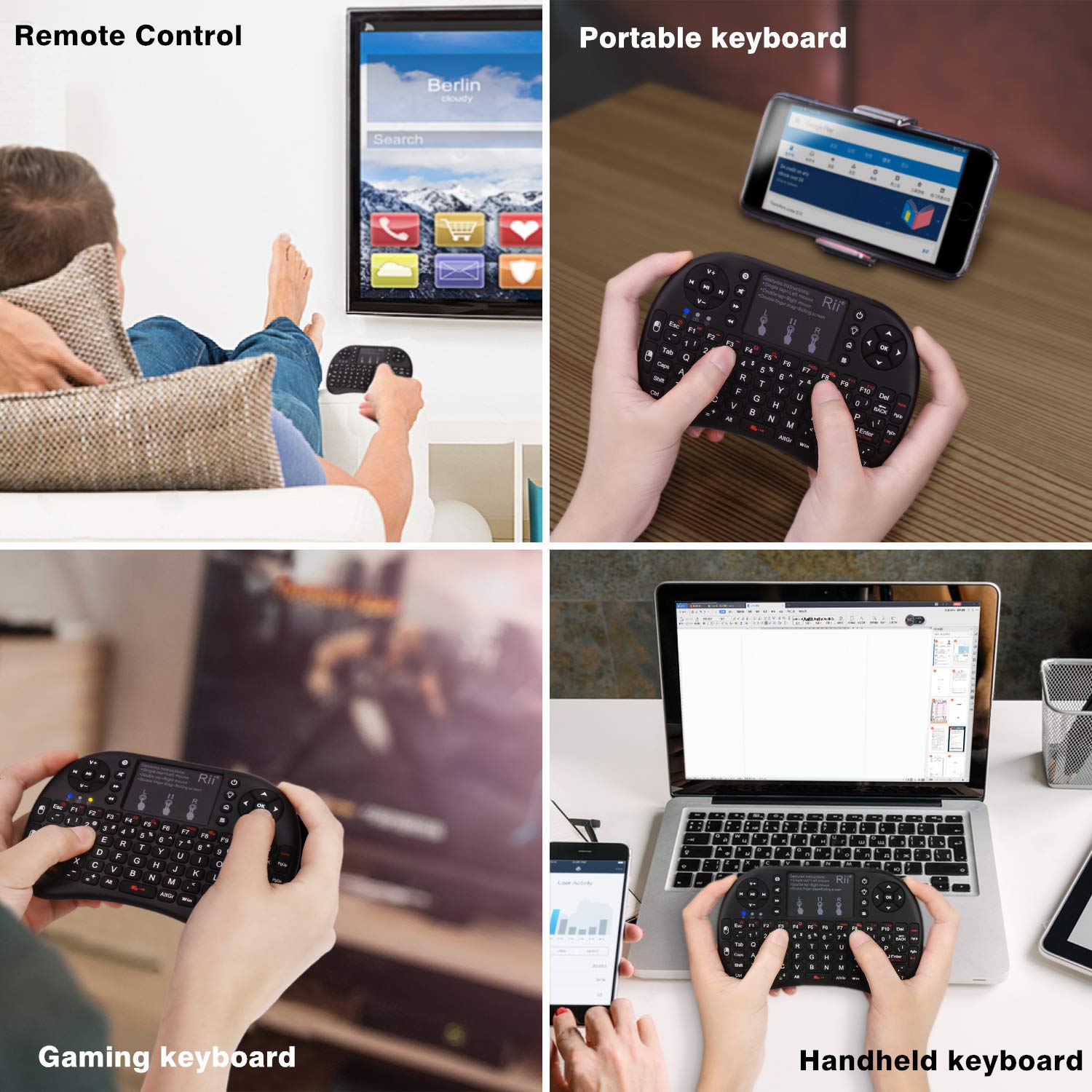 Rii Mini Wireless Bluetooth Keyboard with Touchpad, Support Bluetooth +(RF) 2.4GHz Wireless Connection for Smartphones, PC, Tablet, Laptop TV Box iOS Android Windows Mac.Black