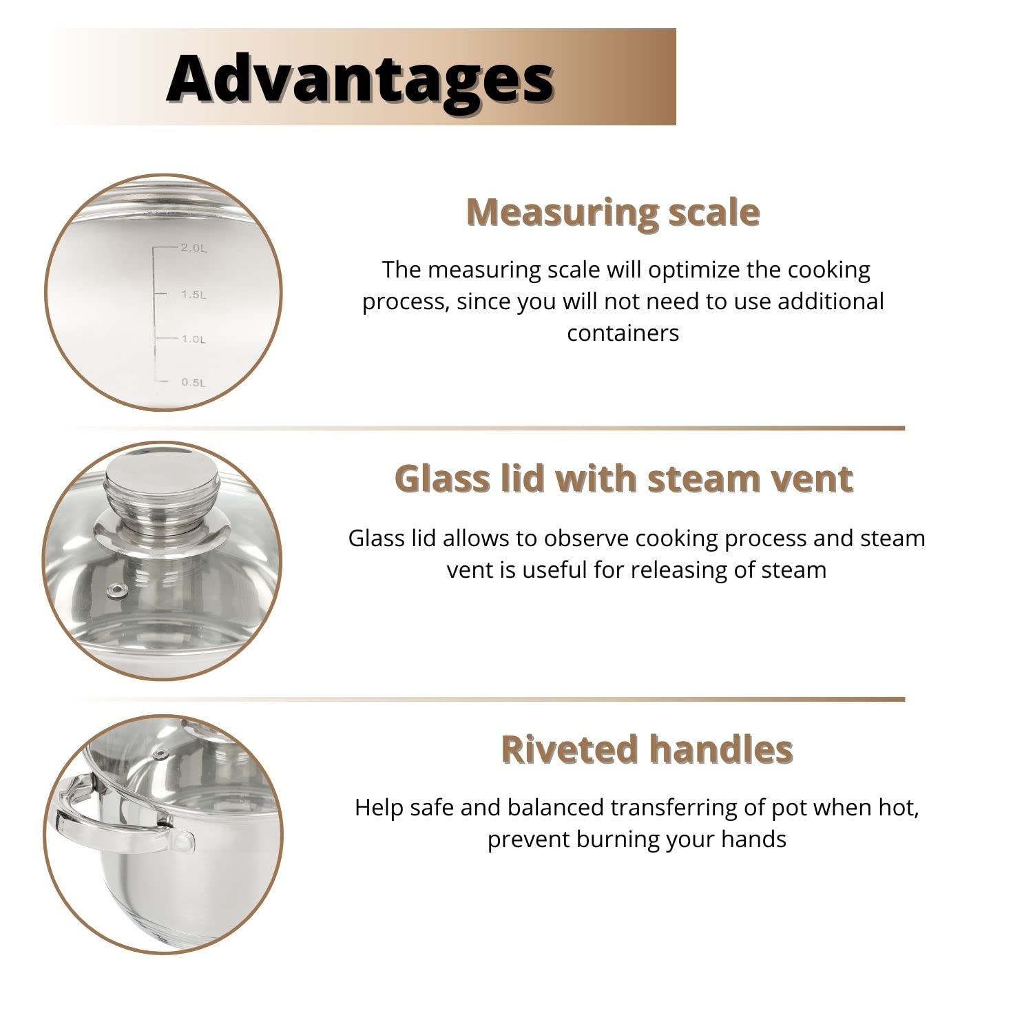 Daniks Standard Stainless Steel Stock Pot with Glass Lid | Induction 2 Quart | Dishwasher Safe Pot | Measuring Scale | Soup Pasta Stew Pot | Silver