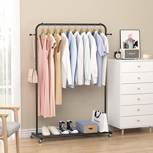 Sywhitta Clothes Rack on wheels, Clothing Rack with Bottom Mesh Storage Shelf,Sturdy Metal Frame,Rolling Garment Rack for Hanging Clothes,Coats,Skirts,39.76" L x 16" W x 64.56" H,Black