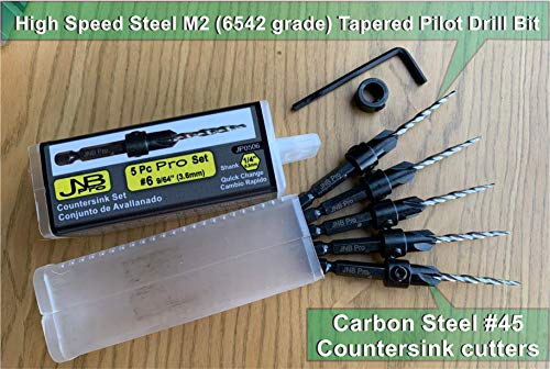 JNB Pro Wood Countersink Drill Bit Set JP0506, 5 Pc #6(9/64"), 2 Extra Bits 9/64 Tapered Drill Bit, 1 Adjustable Collar, 1 Wrench - 1/4" Quick Change Shank, Ideal Woodworking and Carpentry Tool Set