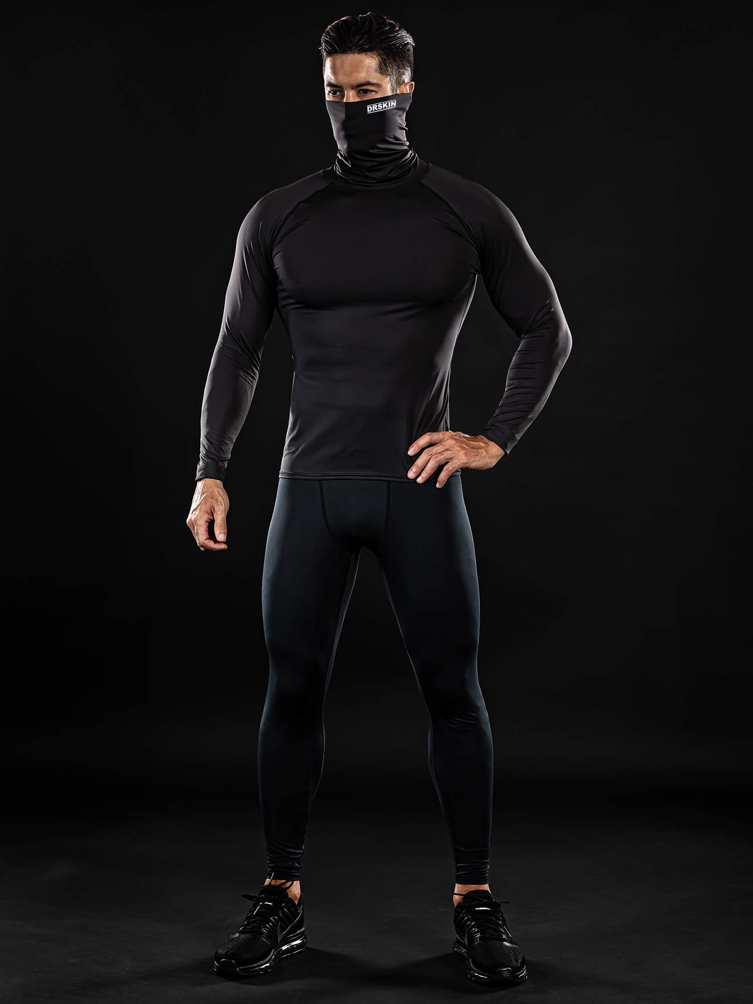 DRSKIN 2 Pack Men's MASK Turtleneck Compression Shirts Top Long Sleeve Thermal Sports Baselayer Running Athletic Workout (Turtleneck SB01 2P, XL)