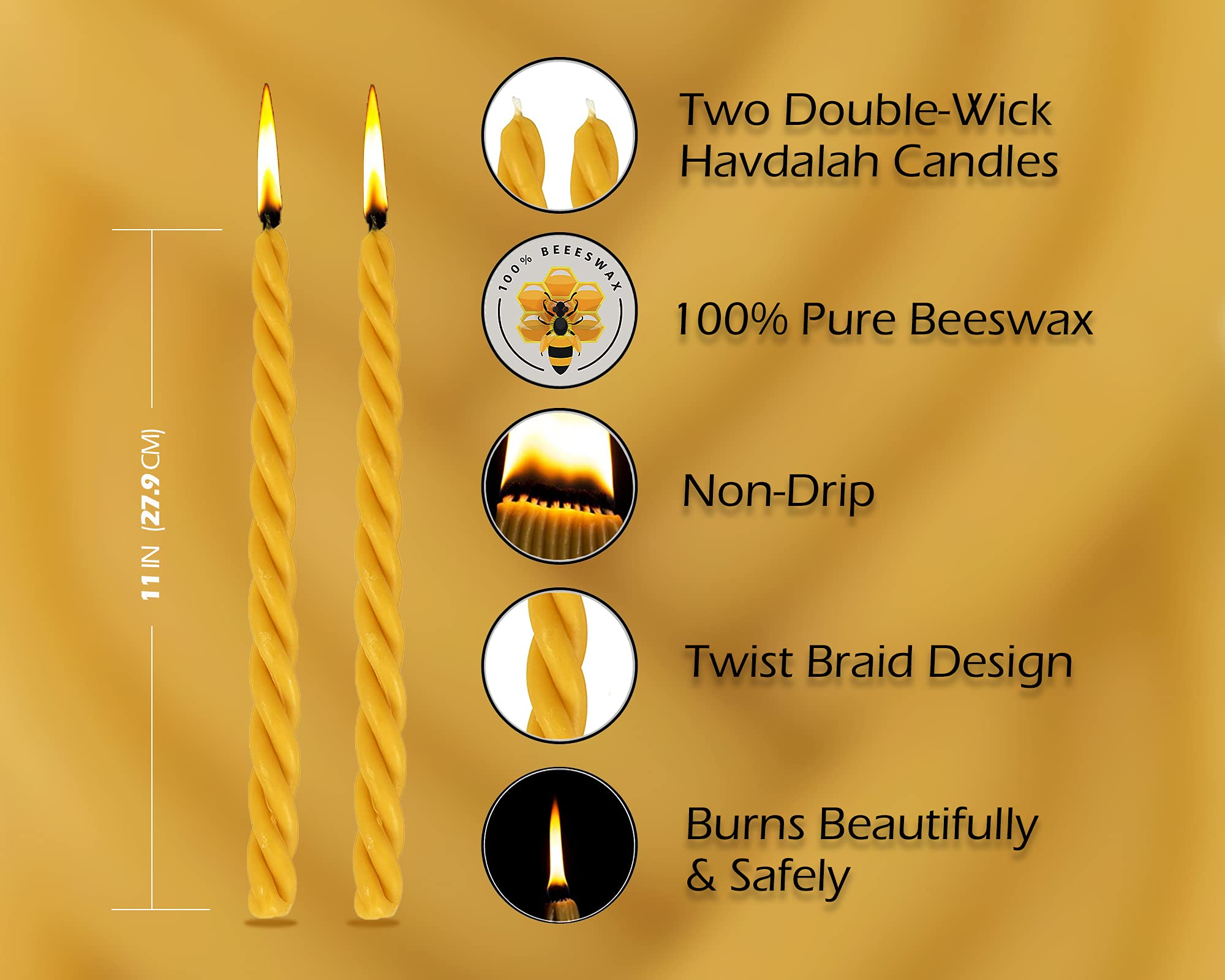 Ner Mitzvah Braided Beeswax Havdalah Candle - 2 Pack - 10" Hand Dipped Bees Wax Braided Candle - Thick Round Twist Braid - Shabbat Judaica Gift
