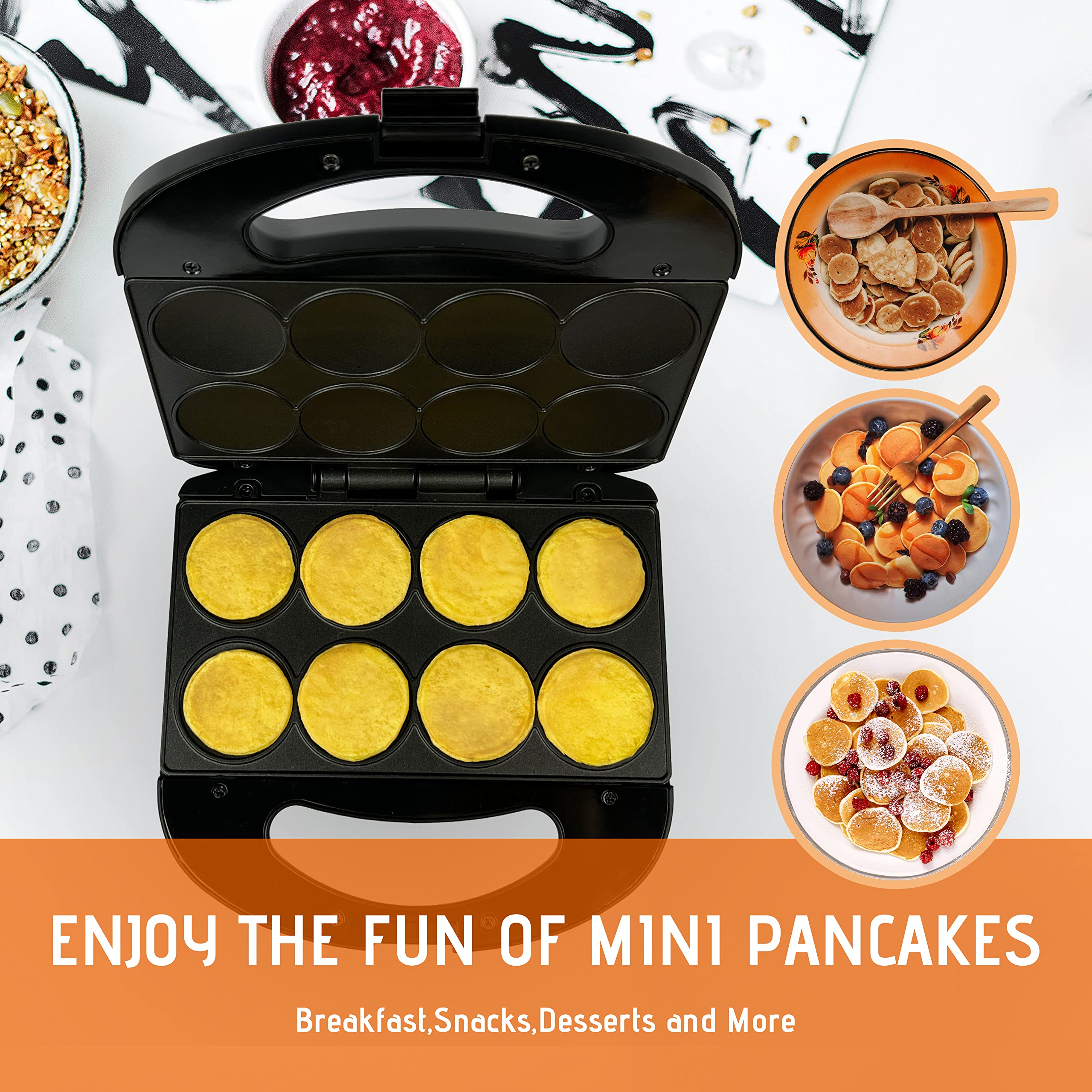 FineMade Mini Pancakes Maker Machine with Non Stick Plates, Small Pancake Griddle, Makes 8 x 2β Tiny and Flat Pancakes, Ideal for Breakfast, Snacks, Desserts and More
