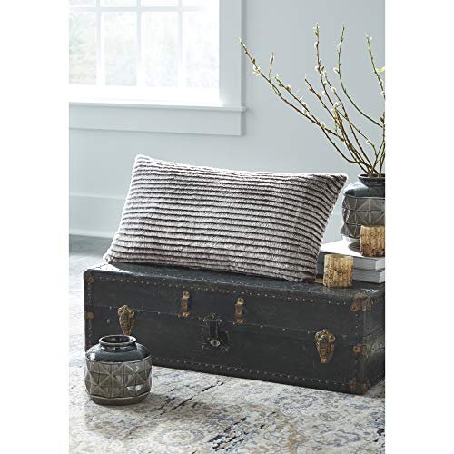 Signature Design by Ashley Metea Faux Fur Lumbar Throw Pillow, 14 x 26 Inches , Light Gray