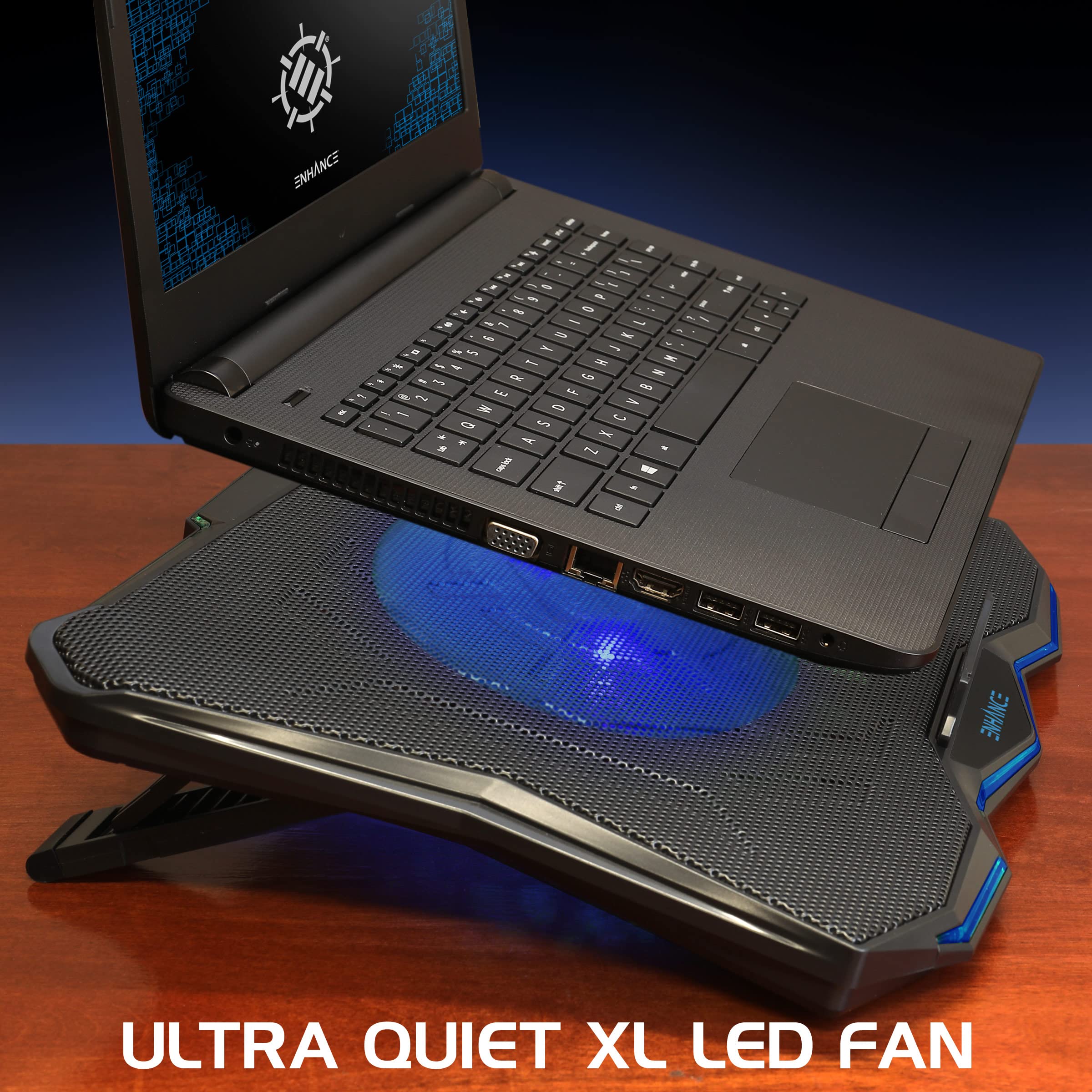 ENHANCE Cryogen 5 Gaming Laptop Cooling Pad Stand - Laptop Cooler with 7 Adjustable Height Settings & Dual USB Ports for 17 inch Laptops - 1 Ultra Quiet High Performance LED Laptop Fan 800 RPM - Blue