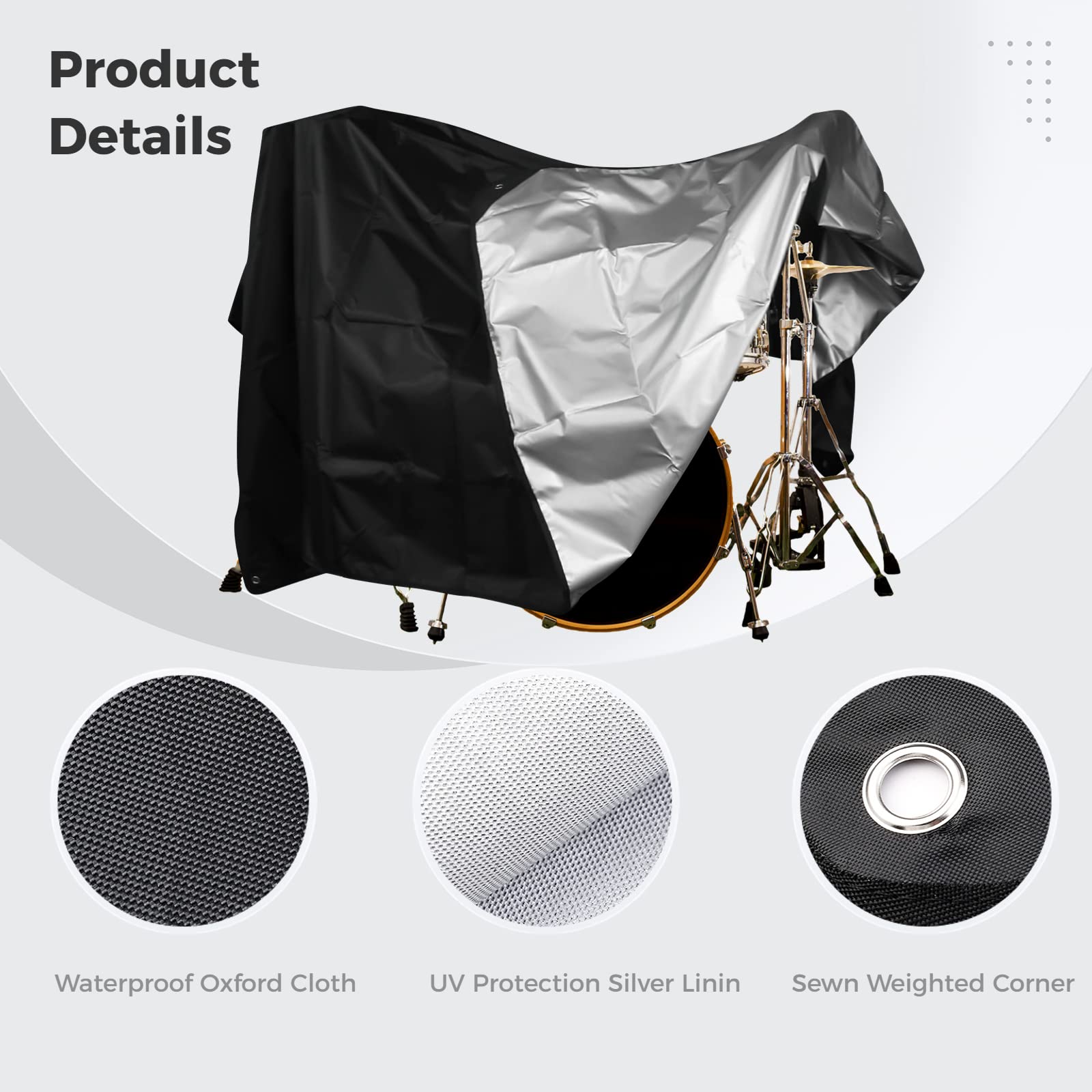 Drum Set Cover, Black Waterproof 420D Oxford Cloth Cover for Drum Set, Drum Set Dust Cover with Silver Coating Weighted Corners, Protective Cover from UV-Rays with Zipper Storage Bag