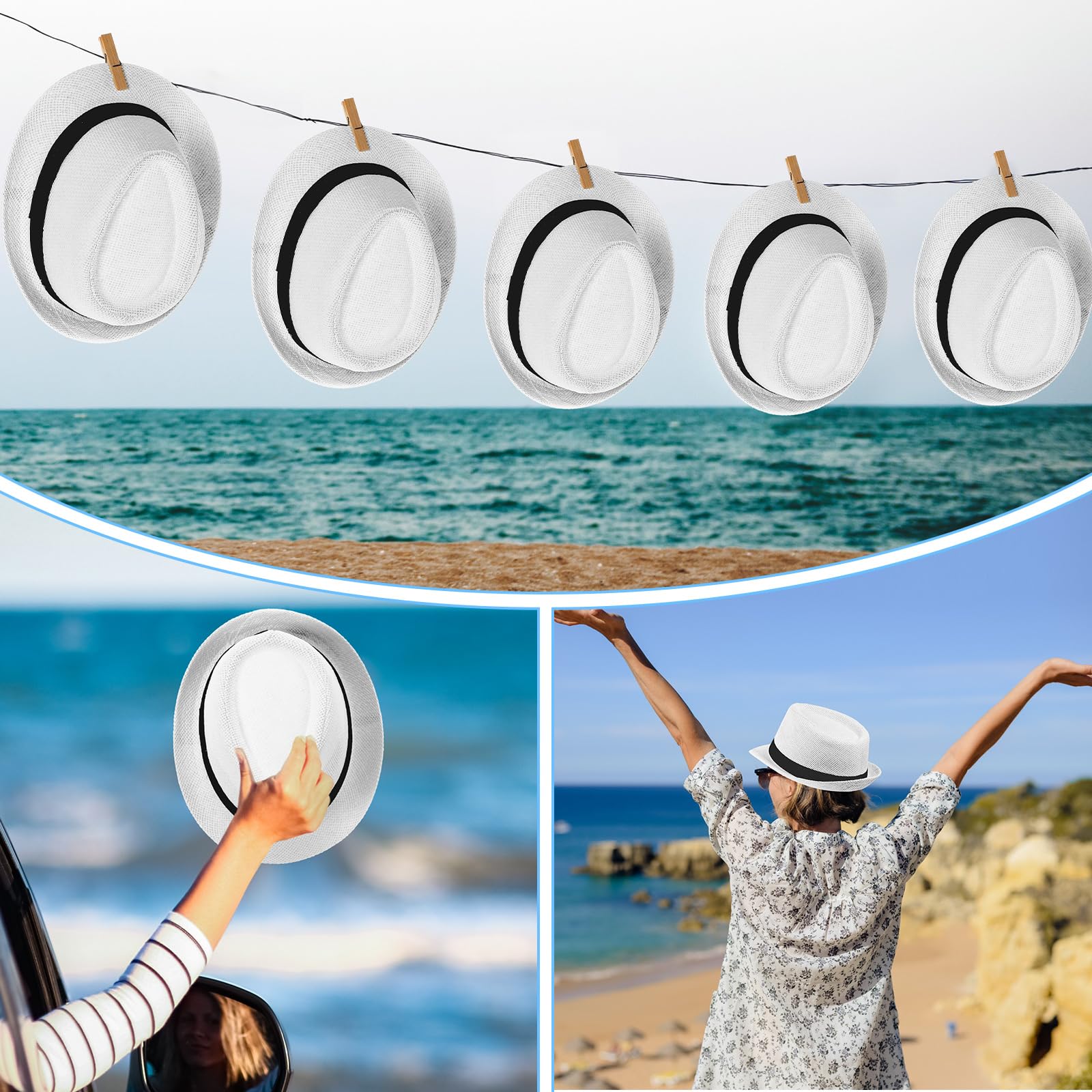 Hicarer Straw Hats Bulk Beach Sun Hats Pork Pie Packable Wide Brim Hat Woven Hat for Men Women Wedding Beach Party(24 Pcs, Milk White)