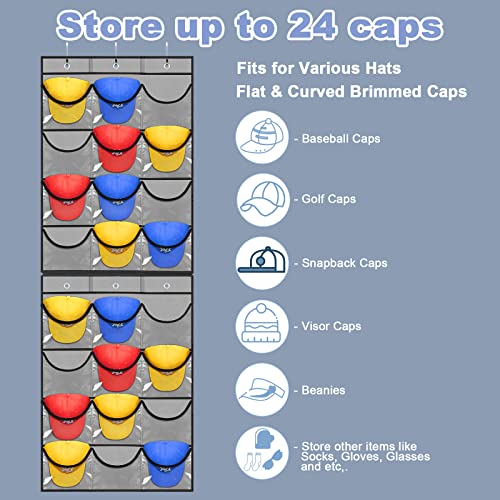 huspossesser Hat Racks for Baseball Caps, Hat Organizer 24 Deep Pockets, Splitable Hat Rack for Wall, Over the Door Hat Hanger for Closet with 4 Hooks, Hat Storage Holder
