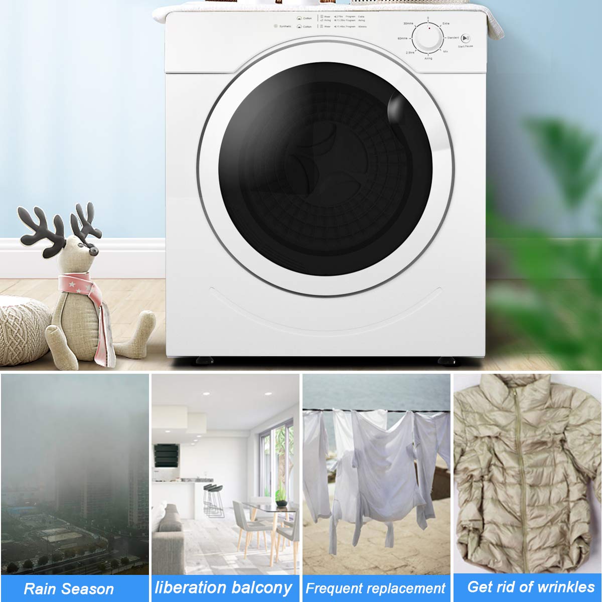 COSTWAY Electric Portable Laundry Dryer, 12LBS Capacity Tumble Dryer with 1500W Drying Power, 3.5 Cubic Feet Front Load, Portable Clothes Dryer Easy Control for 7 Automatic Drying Mode, White