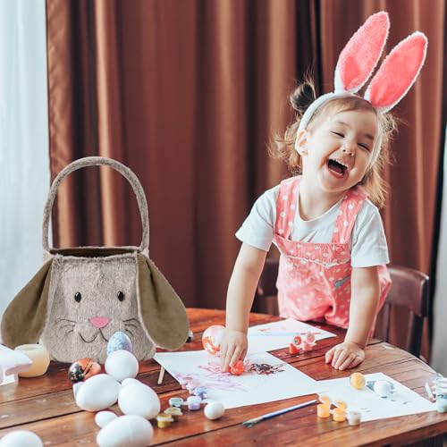 THOVSMOON Easter Bunny Basket,Cute Easter Bucket Bags with Rabbit Ears for Easter Eggs Hunting,Easter Decorations,Candy Gifts Storage (Brown/White)
