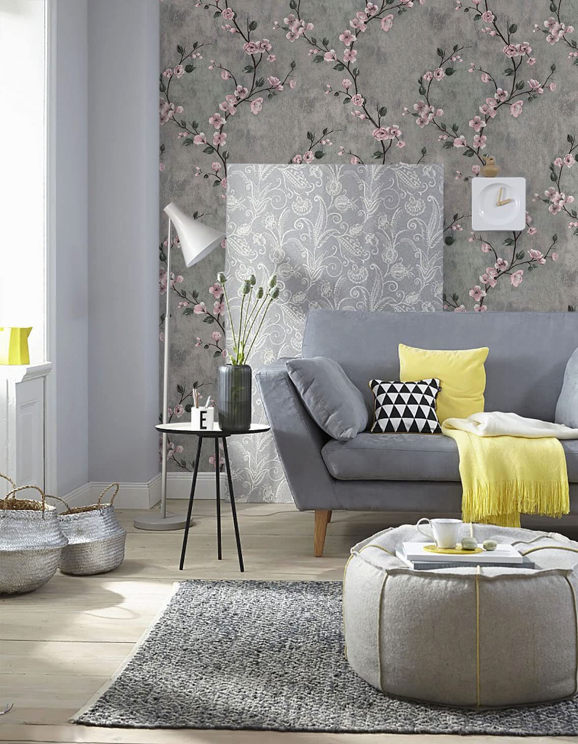 Dviolet Floral Peel and Stick Wallpaper Grey Floral Contact Paper Removable Wallpaper Decorative Self Adhesive Wallpaper Wall Paper 17.7" x 118.1"