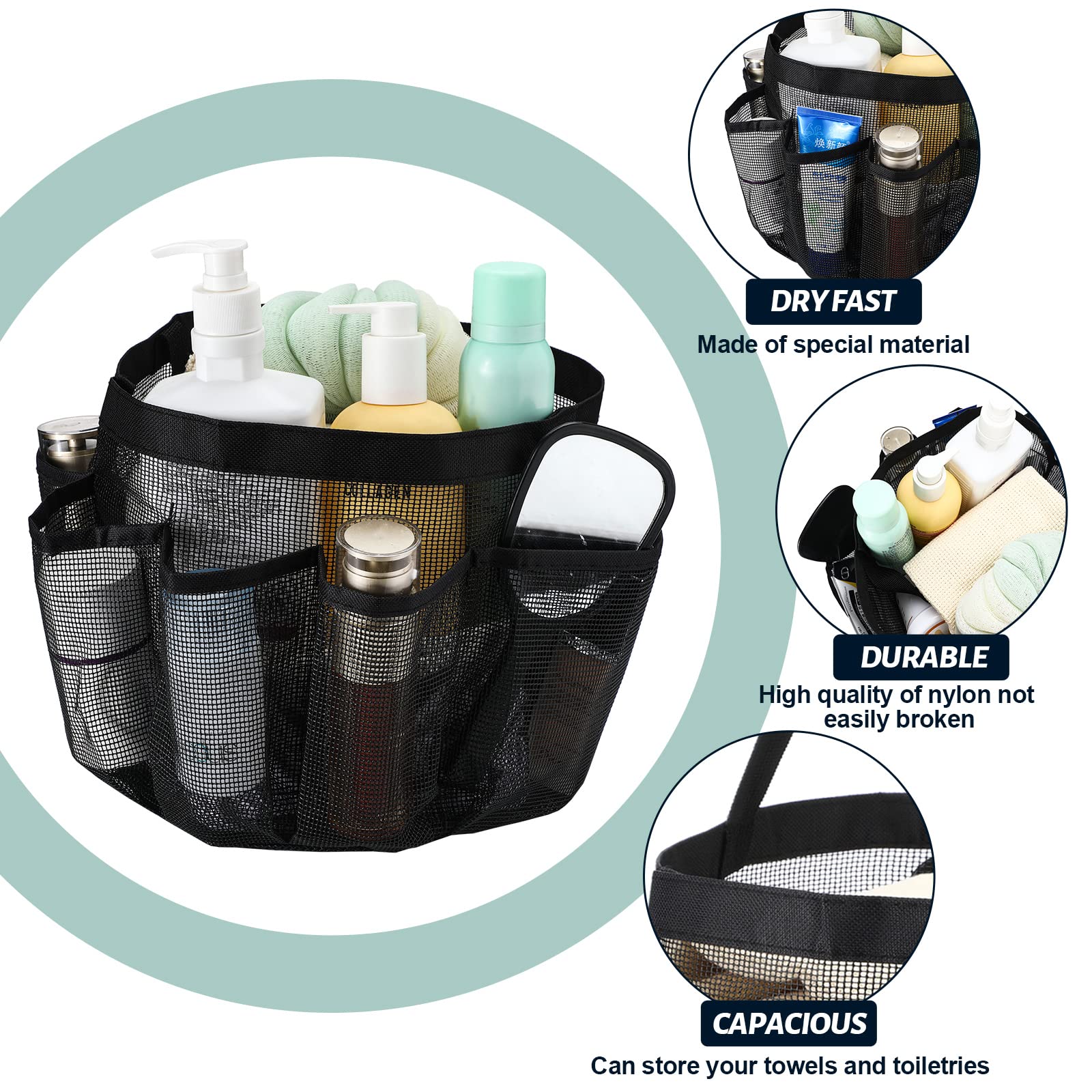 Panelee 2 Pcs Mesh Shower Caddy Laundry Backpack Large Laundry Bag Mesh Shower Bag with 8 Pockets Portable Laundry Travel Bags Tote for College Room Bathroom Shower Essentials Storage (Black, Gray)