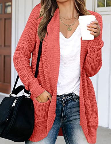 ZESICA Women's 2023 Fall Winter Long Sleeve Open Front Casual Lightweight Soft Knit Cardigan Sweater Outerwear,Watermelon,Medium