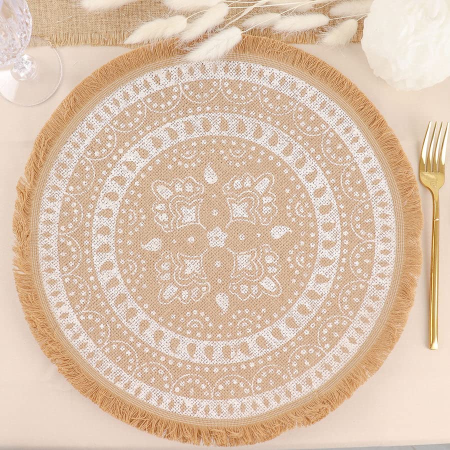 TABLECLOTHSFACTORY 4 Pack | Natural 15" Jute & White Print Fringe Placemats, Rustic Round Woven Burlap Tassel Table Mats