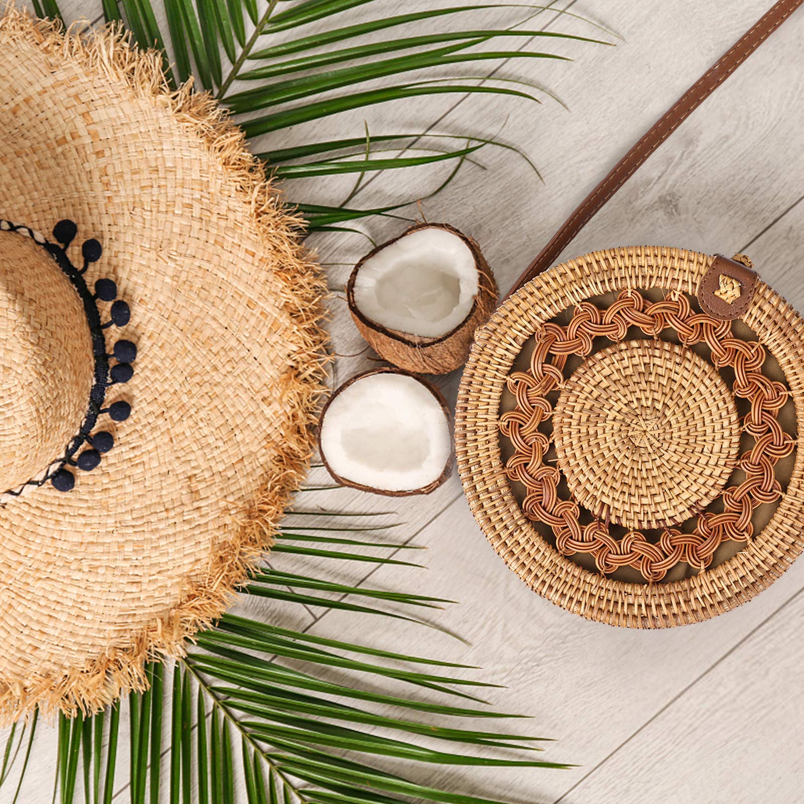 ENMAIN Round Rattan Bag for Women Straw Bag Handwoven Beach Bohemian Shoulder Purse