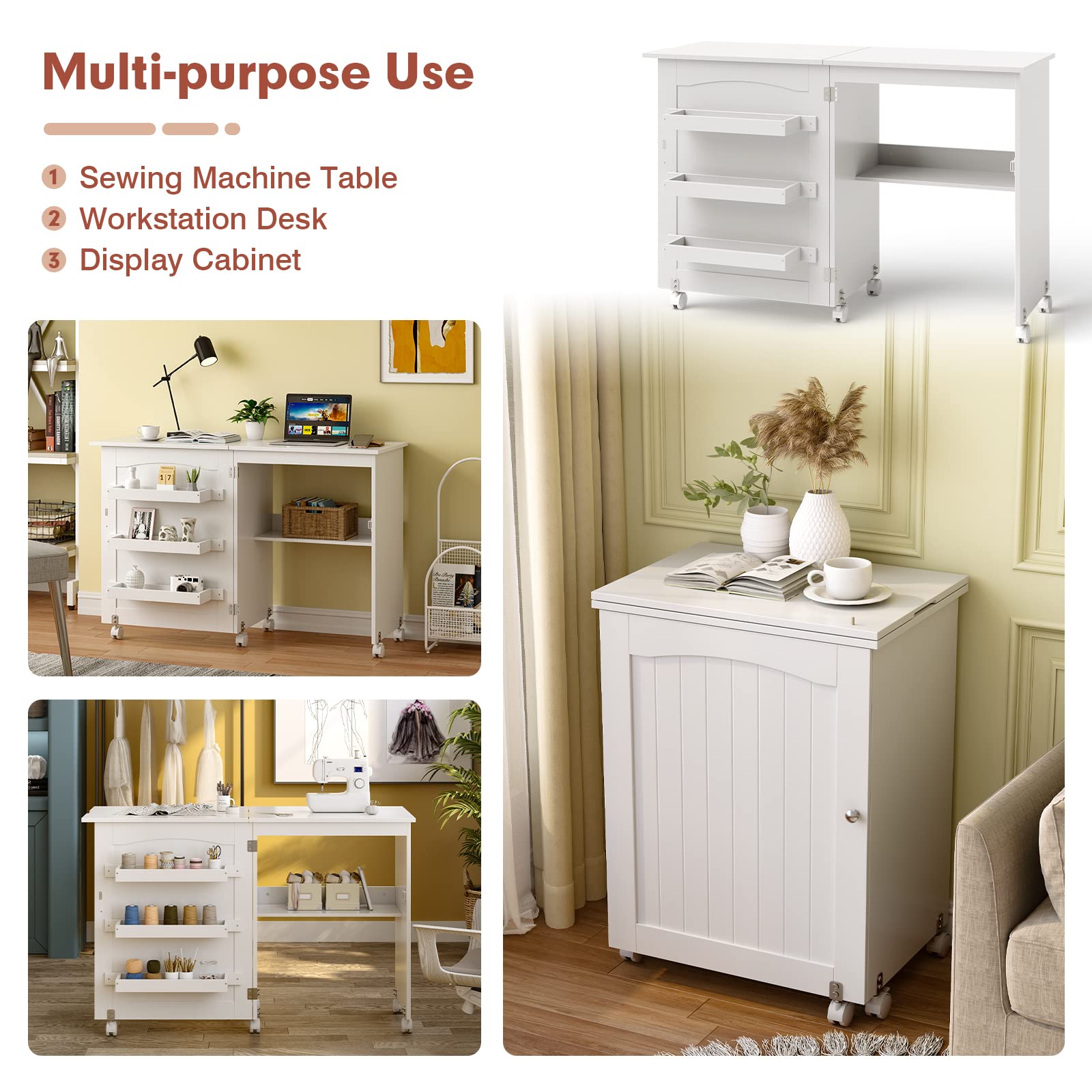 COSTWAY Folding Sewing Table, Multipurpose Craft Station Desk, Display Cabinet with Shelves Storage, Lockable Wheels, Rolling Sewing Machine Desk for Home Apartment, White