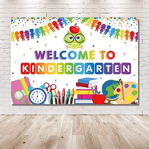 MEHOFOND 7x5ft Welcome to Kindergarten Backdrop Owl Colorful Flags Back to School Kids Classroom Party Decorations First Day in Preschool Kindergarten Photography Background Photo Studio