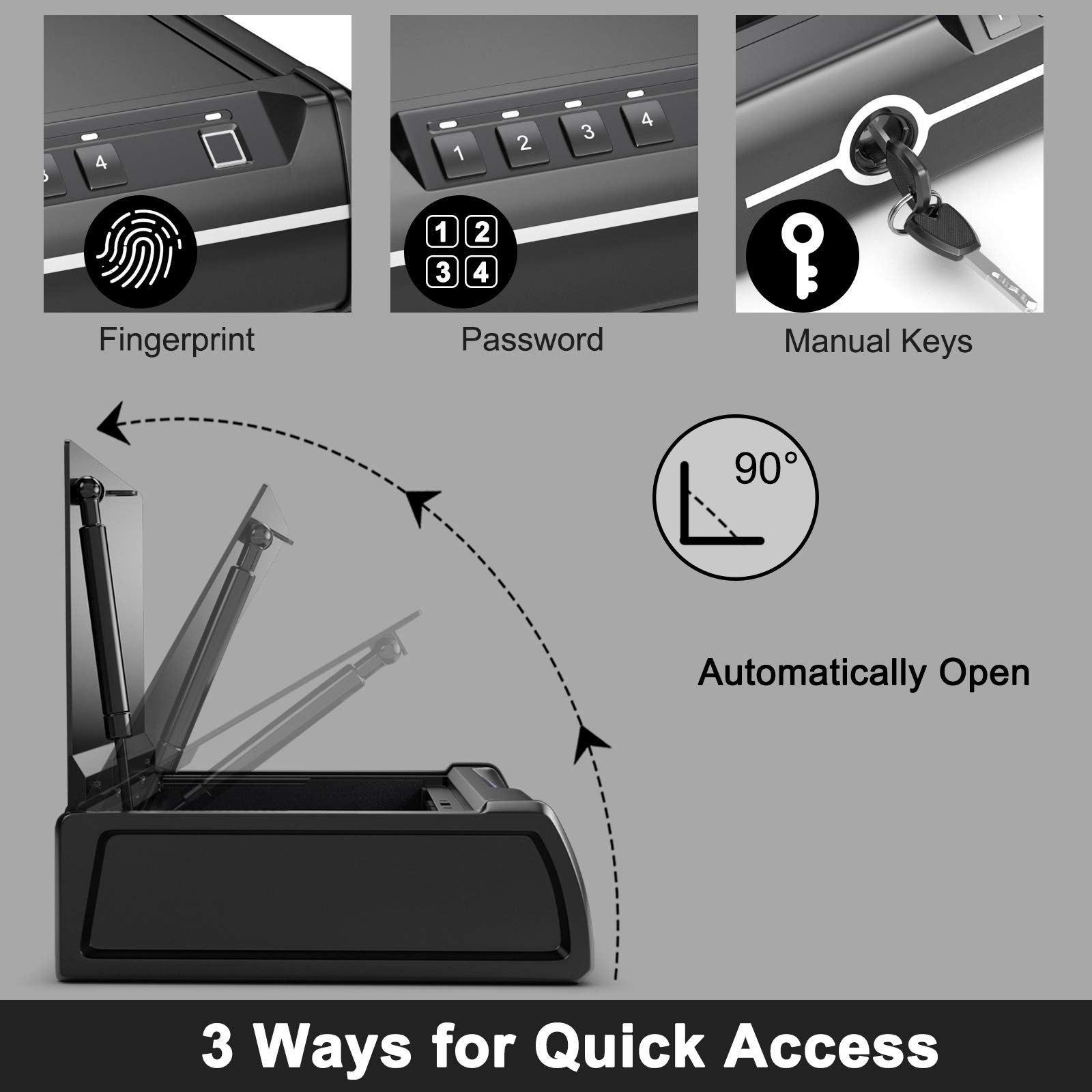 COSTWAY Gun Safe, Quick Access with Biometric Fingerprint Identification & Password & Backup Keys, Heavy-Duty Steel, Pick-Proof Gun safe for 2 Pistols for Home, Auto Open Lid, DOJ Approved