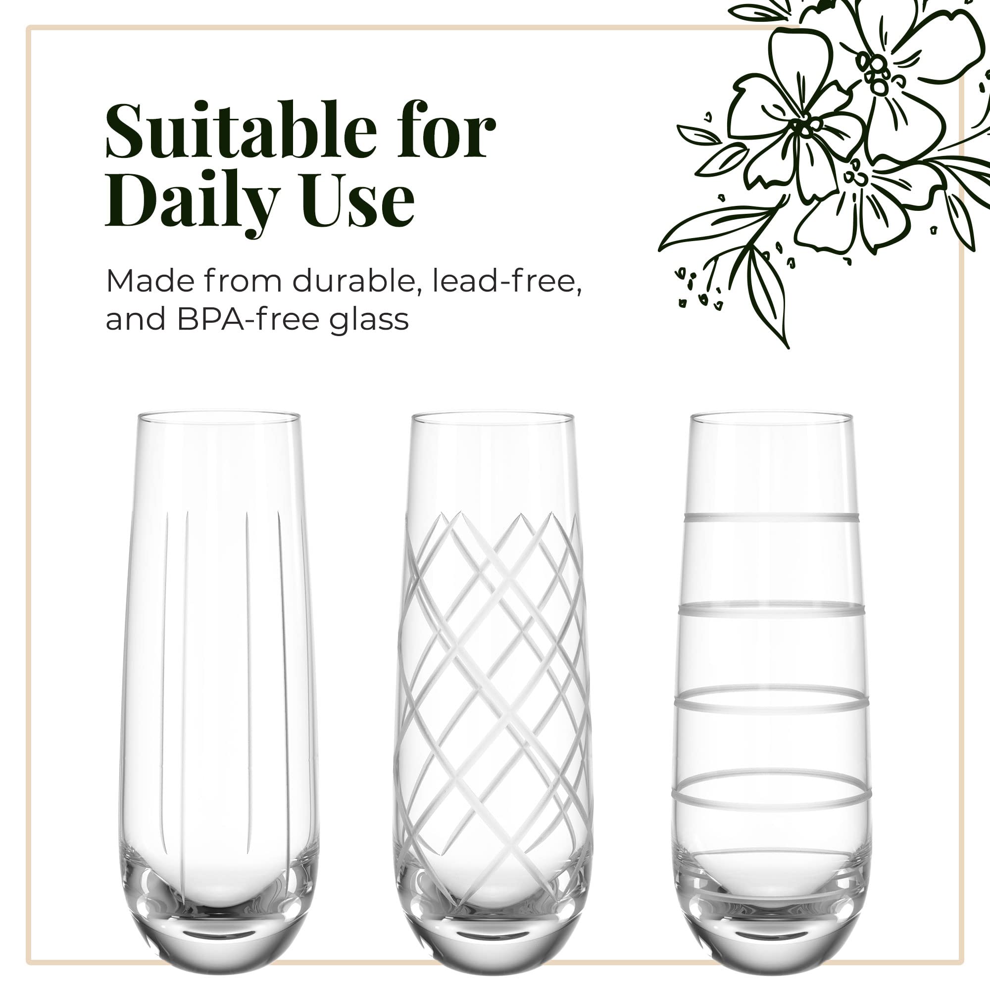 Fifth Avenue Crystal Medallion Stemless Champagne Flutes, Durable Glass, Mimosa, Cocktail Glasses Set, Prosecco Wine Flute, Bar Glassware, Toasting Wedding Glasses, Set of 6, Etched Patterns, 9.5oz