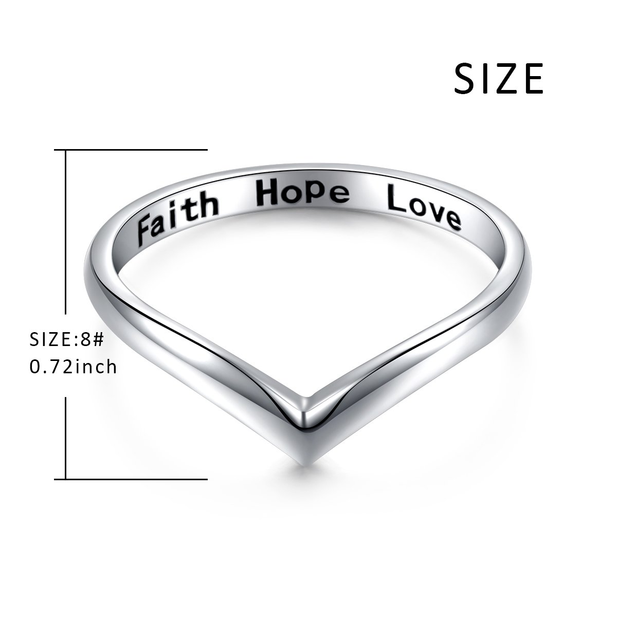 DAOCHONG S925 Sterling Silver Inspirational Jewelry Engraved Faith Hope Love Chevron Thumb Ring V Shape Ring Size 7