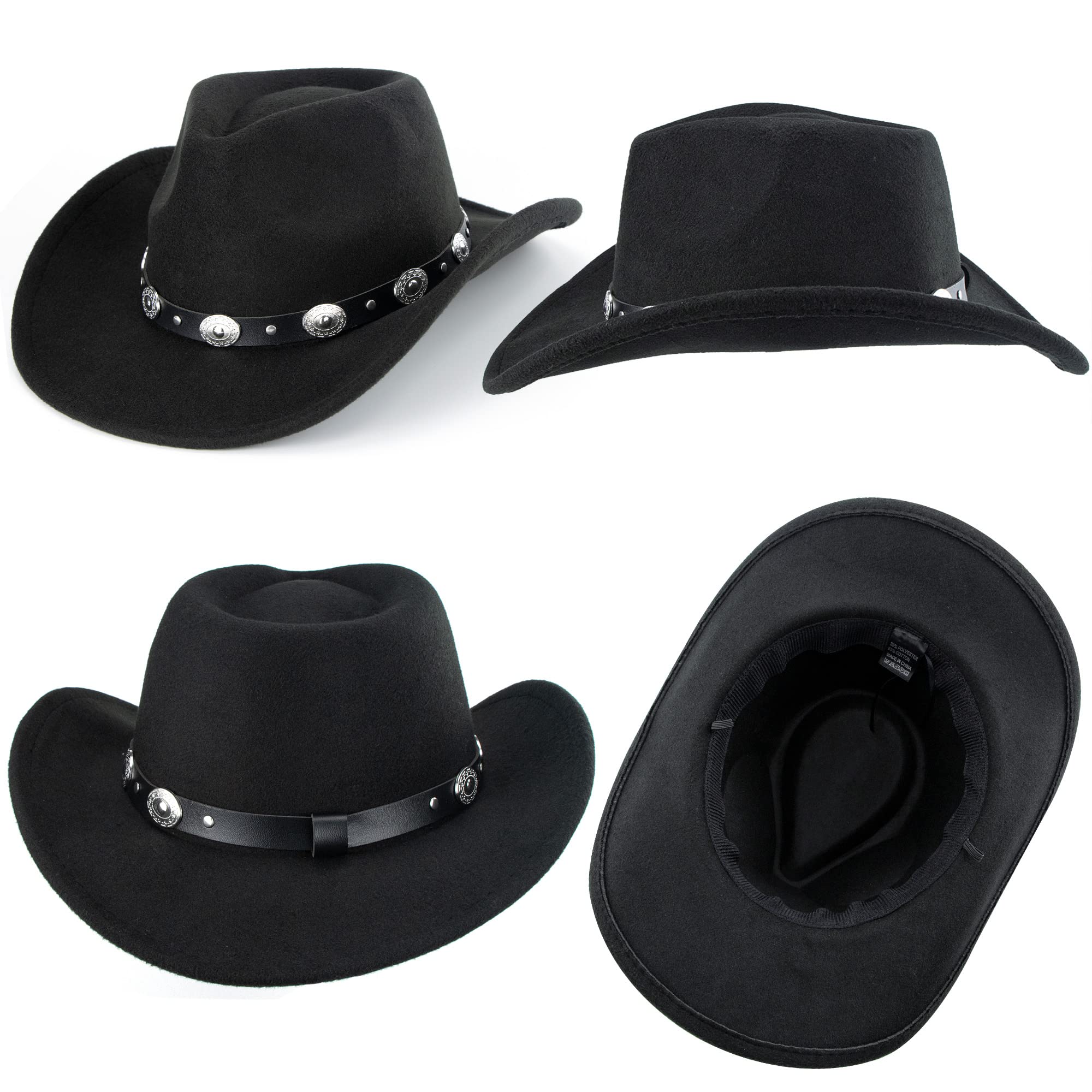 Eohak Womens Western Cowboy Hats Studded Pinched Western Cowgirl Hats Wide Brim Fedoras Hat with Belt Buckle (Size: M-L) (US, Alpha, Medium, Black)