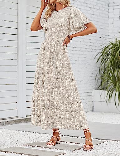 ZESICA Women's 2023 Summer Casual Floral Print Short Flutter Sleeve Crew Neck Smocked High Waist Flowy Maxi Dress,Beige,X-Large