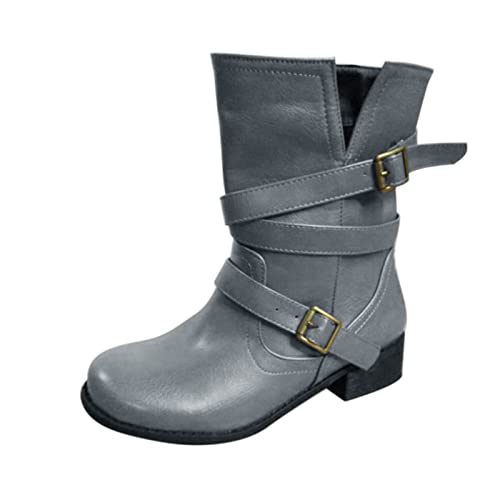 FASDNENDYS Womens Pointed Toe Knee High Boots Thick Boots Shoes Ankle Buckle Belt Dressy Flat Boots for Women Grey