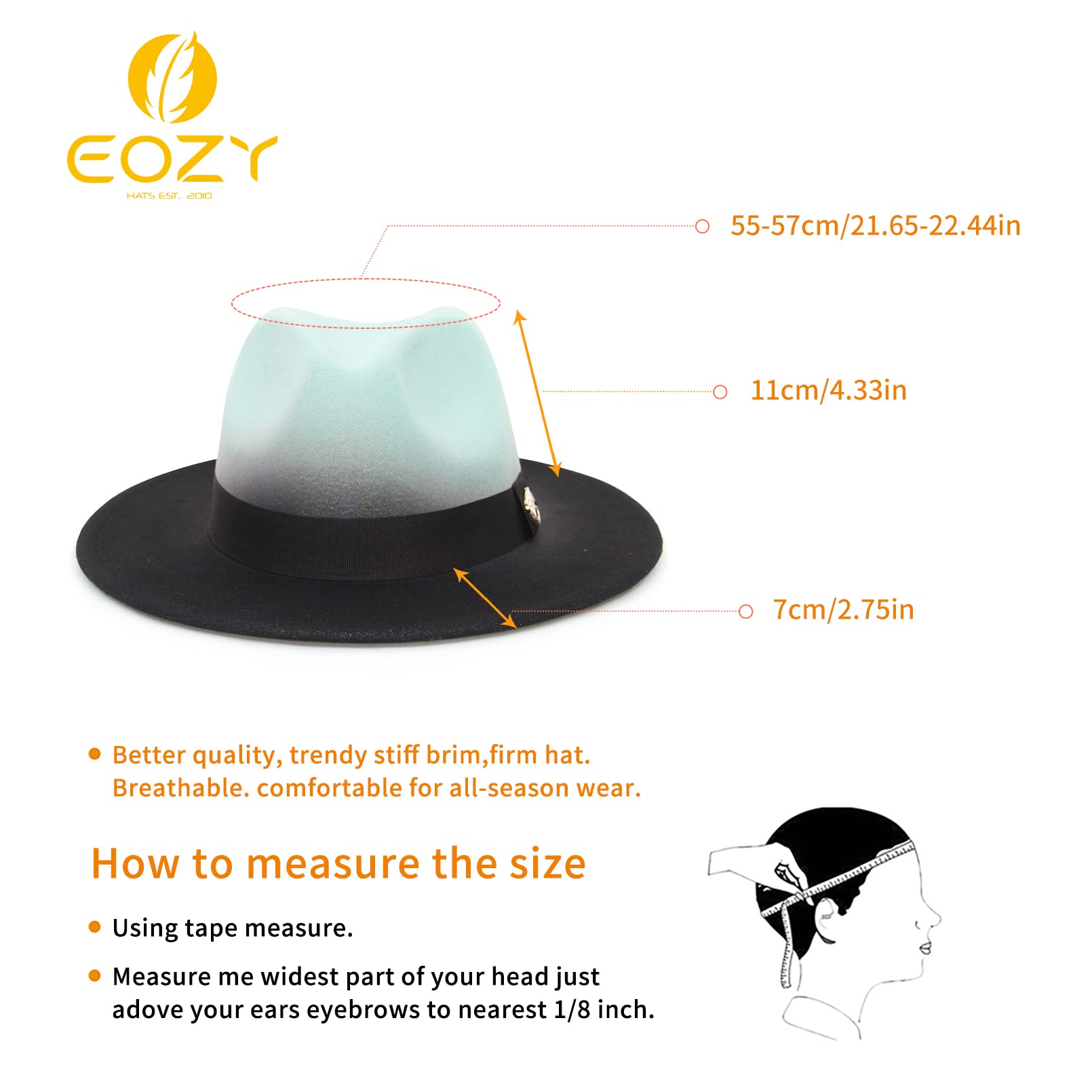 EOZY Gradient Color Fedora Hat for Women & Men Wide Brim Felt Hat with Belt Buckle/Camel