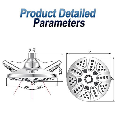 HOPOPRO High Pressure Shower Head with 5 Functions, 6 Inch Fixed Shower Head High Flow Rain Shower Head for Luxury Shower Experience