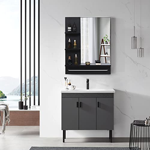 Muzilife Bathroom Medicine Cabinet with Mirror Wall Medicine Cabinet Storage, Over Toilet Storage Cabinet for Bathroom Laundry Room Kitchen - 3 Fixed Shelves, 1 Aluminum Towel Rack, Black