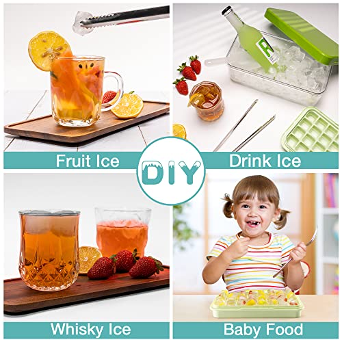 TEBLEI Ice Cube Tray with Lid and Bin, 64 Pcs Silicone Ice Cube Trays for Freezer, Easy Release & Save Space, 2 Ice Trays with Tongs and Scoop, for Whiskey, Cocktail | BPA Free