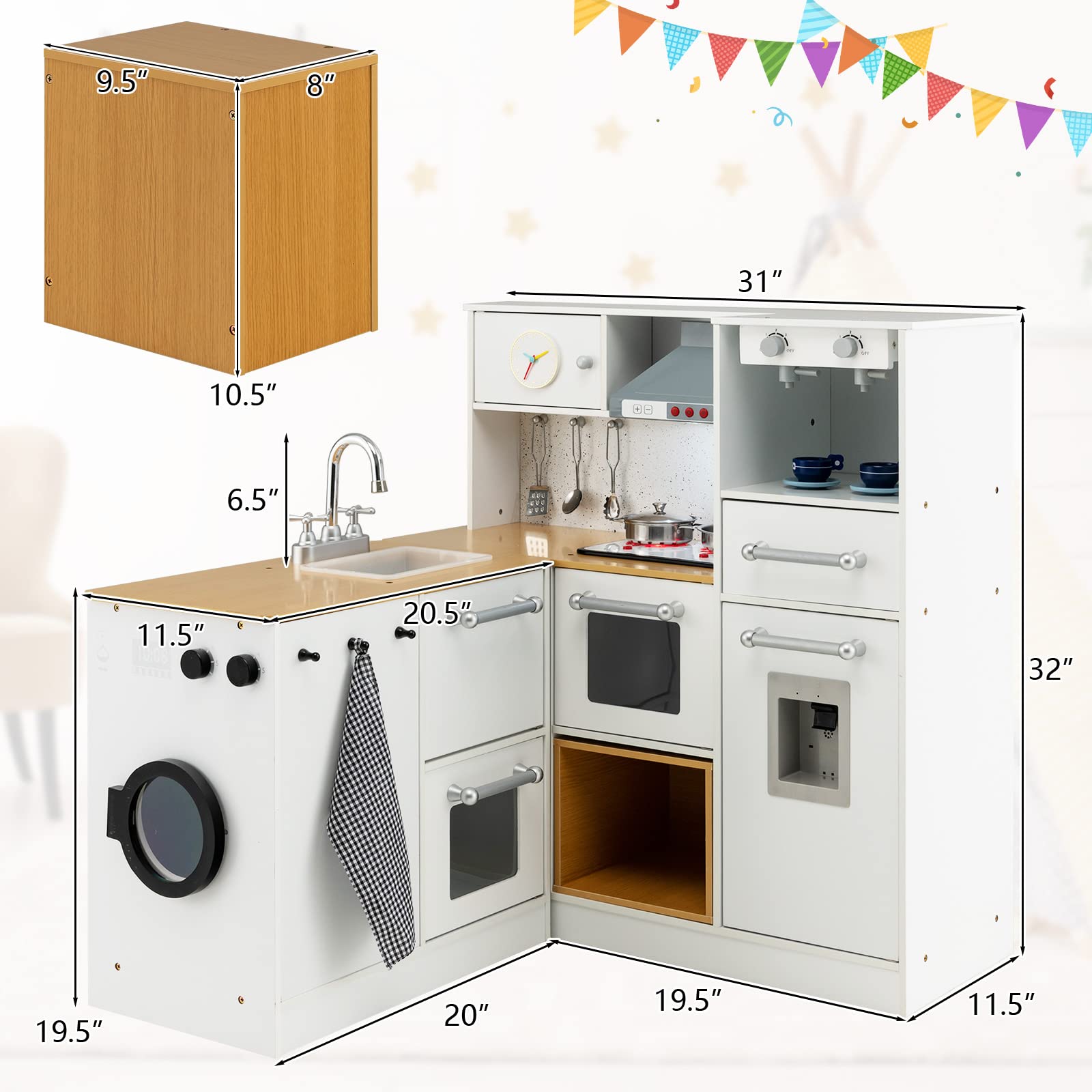 Costzon 2-Piece Kids Kitchen Playset, Wooden Pretend Play Kitchen & Washing Machine Toy Set w/Realistic Light & Sound, Coffee Maker, Water Dispenser, Stove, Utensils, Sink